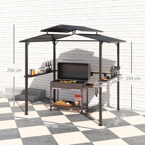 Grilovací Pavilion Outsunny 250 x 160 x 250 cm - Voděodolný Zahradní Pavilon s Dvojitým Středním Štítem, Bočními Policemi a UV Ochrannou, BBQ Pavilio…