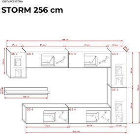 Ral Obývací stěna STORM 256 cm - Bílý lesk + Černá police