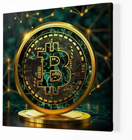 Obraz na plátně - Bitcoin, zářící zlatý emerald FeelHappy.cz Velikost obrazu: 140 x 140 cm