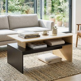 HOMCOM Moderní dvoubarevný konferenční stolek s posunutými úrovněmi a odkládacím prostorem, 95 x 55 x 50 cm, přírodní dřevo a černá