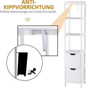 Kleankin Vysoký Víceúčelový Koupelnový Skříňový Nábytek se 3 Otevřenými Policemi a 2 Úložnými Šuplíky s Protipádovým Designem 30x30x144 cm Bílý