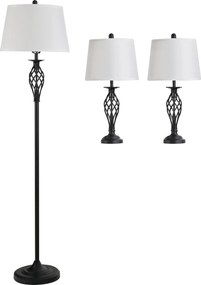 HOMCOM sada 3 lamp 2 stolní lampy 1 stojací lampa vintage černá bílá kovová bavlněná stolní lampa Ø38cm stojací lampa Ø62cm do obývacího pokoje
