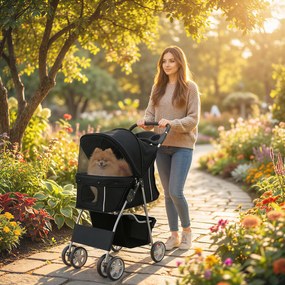 Skládací kočárek pro psy s reflexními pruhy Úložný koš Polštář pro malé psy do 10 kg 77x44x102 cm Černá barva