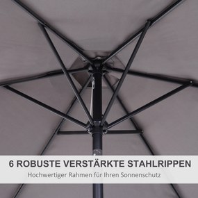 Zahradní slunečník Outsunny z hliníku Ø260x235 cm s naklápěcí konstrukcí, klikou a 6 kovovými tyčemi pro venkovní terasu a balkon - Šedý