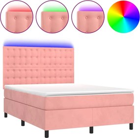 Box spring postel s matrací a LED růžová 140x200 cm samet 3136370