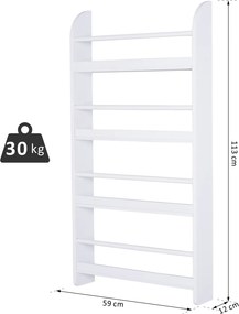 HOMCOM Nástěnná knihovna se 4 policemi - dětská knihovna pro domácí kancelář, nosnost 30 kg, 59x12x113 cm, bílá