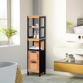 Kleankin Koupelnový Sloupkový Skříň S 3 Policemi A 2 Zásuvkami Moderní Styl 30x30x144,3 cm Černá a Přírodní