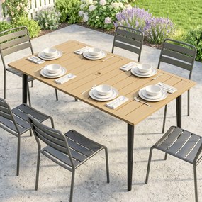 Outsunny Zahradní stůl 150x90cm, ocelový balkonový stůl odolný proti povětrnostním vlivům, balkonový stůl s otvorem pro slunečník hnědý