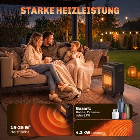 Outsunny Plynový topič venkovní 1,5-4,2 kW terasový topič s kolečky, 3 stupně výkonu, 50 cm hadice, regulátor tlaku