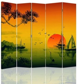 Ozdobný paraván Západ slunce v Japonsku - 180x170 cm, pětidílný, klasický paraván