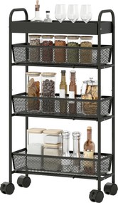 HOMCOM 4patrový úložný vozík, pojízdný vozík, 3 vysouvací koše, horní přihrádka 19 x 43,2 x 80 cm černá