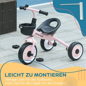 AIYAPLAY Tříkolka, Dětské Kolo s Nastavitelným Sedadlem, Balancující Kolo s Košíkem, Zvonek, Pedálové Kolo pro Děti 2-5 Let, Kovové, Růžové