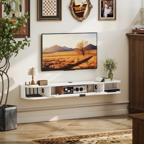 HOMCOM Závěsný TV nábytek, televizní nábytek pro televize až do 152,4 cm, výklopná zásuvka, 2 police, 140x24x16 cm, bílá
