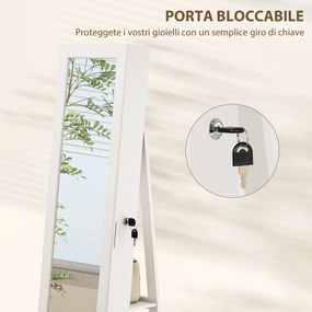 HOMCOM 360° Rotující Šperkovnice se Zrcadlem, Šperkovnice se Zámkem, Celoplošné Zrcadlo se 3 Policemi na Zadní Straně a 2 Šuplíky, 55x55x161 cm, Bílá
