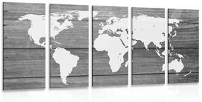 5-dílný obraz černobílá mapa světa s dřevěným pozadím Varianta: 200x100