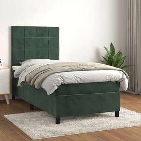 Box Spring Postel S Matrací Samet Tmavě Zelená Blok se čtverci 90 x 190 c