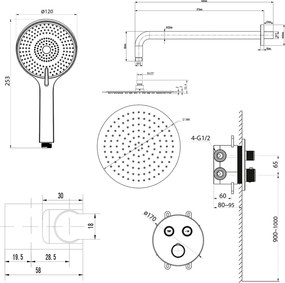 Sapho Sapho, SMART SELECT podomítková termostatická sprchová souprava, 2 výstupy, vystoupení, černá mat, RP032B-01
