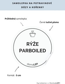 RÝŽE PARBOILED – průhledná samolepka na dózu, tučnépísmo, 5 cm | DomaLEP