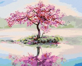 zuty malování podle čísel - rozkvetlá sakura u jezera, 40x50 cm, vypnuté plátno na rám