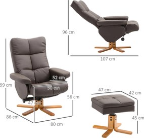 HOMCOM polohovací křeslo s taburetem a úložným prostorem, TV křeslo s funkcí polohování, otočné o 360°, dřevěný rám PU, hnědé 80x86x99cm pro pohodlí …