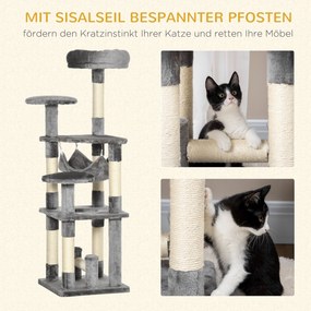 PawHut Kočičí strom Škrabací sloupek Kočičí hrací věž Kočičí šplhací strom Škrabací sloupek Houpací síť Šedá L40 x Š40 x V132 cm