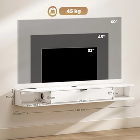 HOMCOM Závěsný TV nábytek, televizní nábytek pro televize až do 152,4 cm, výklopná zásuvka, 2 police, 140x24x16 cm, bílá