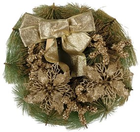 Zeleno-zlatý vánoční věnec s mašlí Christmas Wreath - Ø 30*7 cm