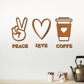 dřevo života Dřevěná dekorace na zeď Peace, love, coffee Rozměry (cm): 40x20, Barevný vzor: Třešeň