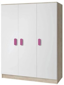 Třídveřová šatní skříň do dětského pokoje SVEN 3, bílá + dub sonoma, úchytky - šířka 120 cm, růžová