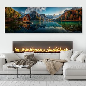 Obraz na plátně - Podzim u jezera ve vyhřáté chatce FeelHappy.cz Velikost obrazu: 180 x 60 cm