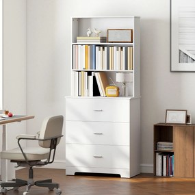 HOMCOM Knihovna, vysoká skříň s vitrínou se 3 zásuvkami, 3 otevřenými policemi, do obývacího pokoje a kuchyně, 79x39,5x180 cm, bílá