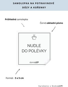 NUDLE DO POLÉVKY  – průhledná samolepka na dózu, základní písmo, 5 x 5 cm | DomaLEP