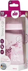 NIP Straw cup láhev s brčkem PP 330ml růžová / od 12 měsíců