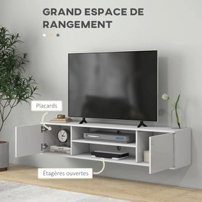 HOMCOM Nástěnný televizní stolek v moderním stylu - 2 skříňky, 2 centrální nika a 2 otvory pro správu kabelů 140 x 30 cm bílá