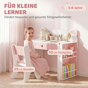 AIYAPLAY dětský stůl se židlí 2dílná dětská sezení s knihovnou a zásuvkou, design liška pro děti 3-8 let, bílo+růžové