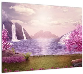 Obraz růžových stromů s jezerem (70x50 cm)