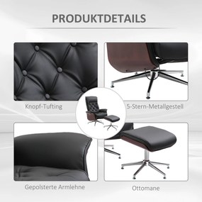 HOMCOM Relaxační křeslo s taburetem Otočné o 360° Naklápěcí o 145° Čalouněné křeslo Chesterfield Potah PU Dřevěné obložení Kovová základna 82x83x110c…