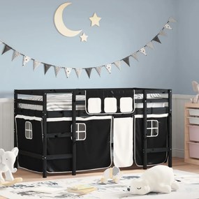 Dětská patrová postel se závěsy bílá a černá 90x190 cm borovice - Default Title