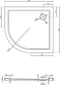 Mexen Flow, asymetrická čtvrtkruhová sprchová vanička slim, pravá 90 x 80 cm, černá matná - 46Q708090R