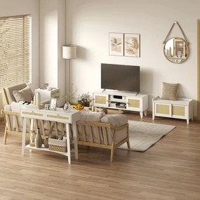 HOMCOM Botník se Sedadlem, Botový Kabinet se Sedací Ploché 2 Ratanové Dveře, Bohemian Styl, Nosnost 130 kg, pro Předsíň, 80x35x45 cm Bílá a Přírodní