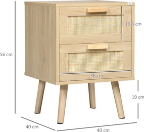 HOMCOM Set 2 Nočních Stolků, Boční Stoly, 2 Zásuvky s Ratanovými Předními Stranami, Boho Styl, Noční Stolky, Nohy z Přírodního Borového Dřeva | Aosom