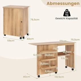 Costway Pojízdný skládací šicí stolek s úložnými boxy, přírodní