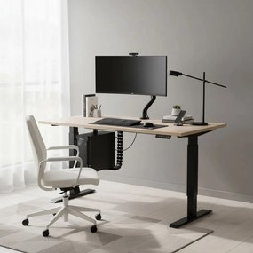 Výškově nastavitelný stůl OfficeTech D, 140 x 80 cm, černá podnož, dub