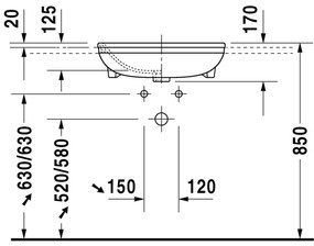 Duravit DuraStyle - Polozápustné umyvadlo, 1 otvor pro armaturu propíchnutý, 55x45,5 cm, bílé 0375550000