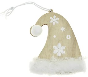 Závěsná vánoční dřevěná dekorace, čepice s umělým plyšem, natural