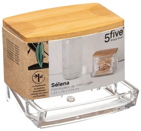 Koupelnová nádoba na vatové tyčinky Selena, čirá/s dřevěnými prvky