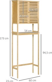kleankin Bambusová skříňka nad toaletu - Vysoká koupelnová skříň s 2 žaluzijovými dvířky, 1 nastavitelnou policí a 1 otevřenou policí 60x23x173 cm Př…