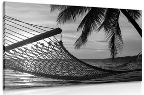Obraz houpací síť na pláži v černobílém provedení - 60x40 cm