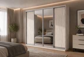 Šatní skříň s posuvnými dveřmi 4D 2800x2300x450 2LTD 2 zrcadla artwood světlý, profil stříbrný