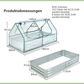 Costway Velká pozinkovaná vyvýšená postel se skleníkem – 180 × 90 × 91 cm